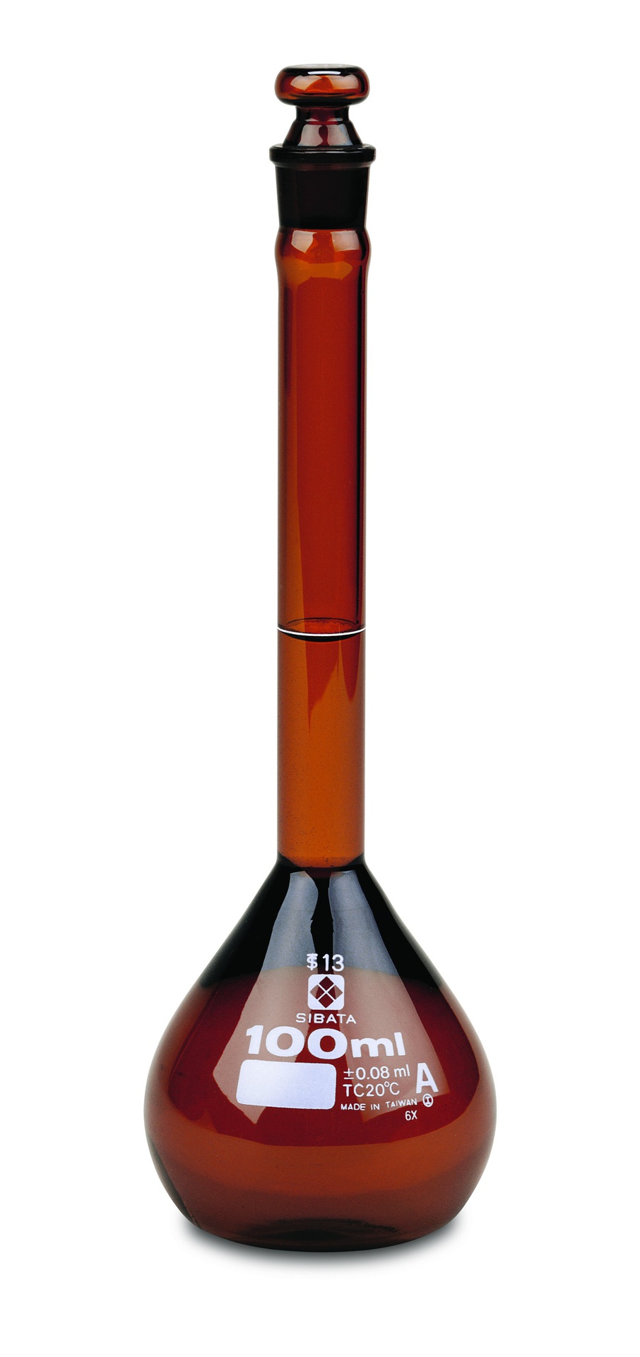 SIBATA VOLUMETRIC FLASKS, GLASS STOPPER, AMBER | https://labecx.com